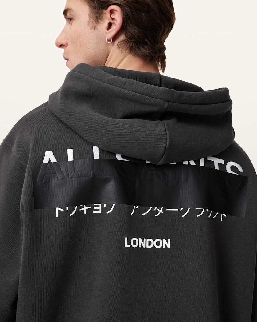 Redact Pullover Embroidered Logo Hoodie Washed Black | ALLSAINTS